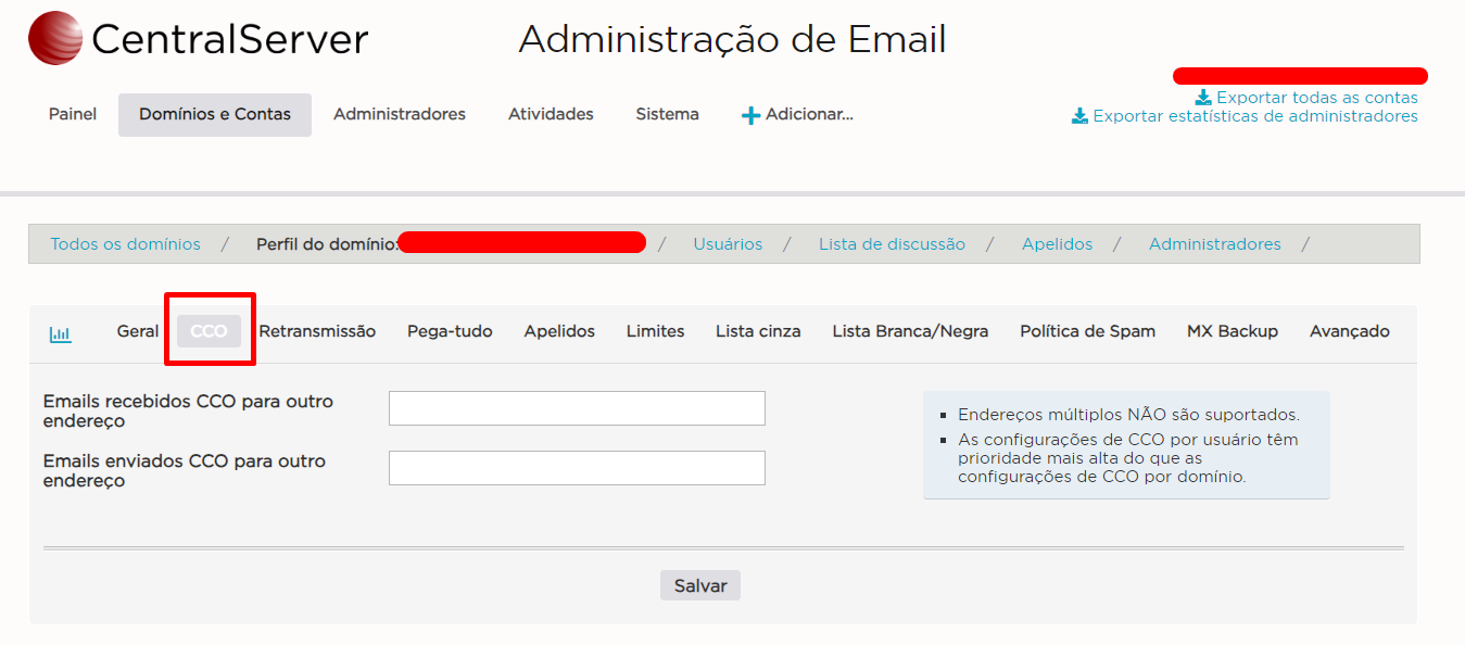 Como configurar o CCO na Administração de E-mail? – Central Server